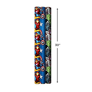 Hallmark Avengers Wrapping Paper with Cut Lines on the Reverse (3-Pack: 60 sq. ft. ttl) with Captain America, Iron Man, Black Widow, Thor and Hulk for Birthdays, Christmas, Father's Day and More