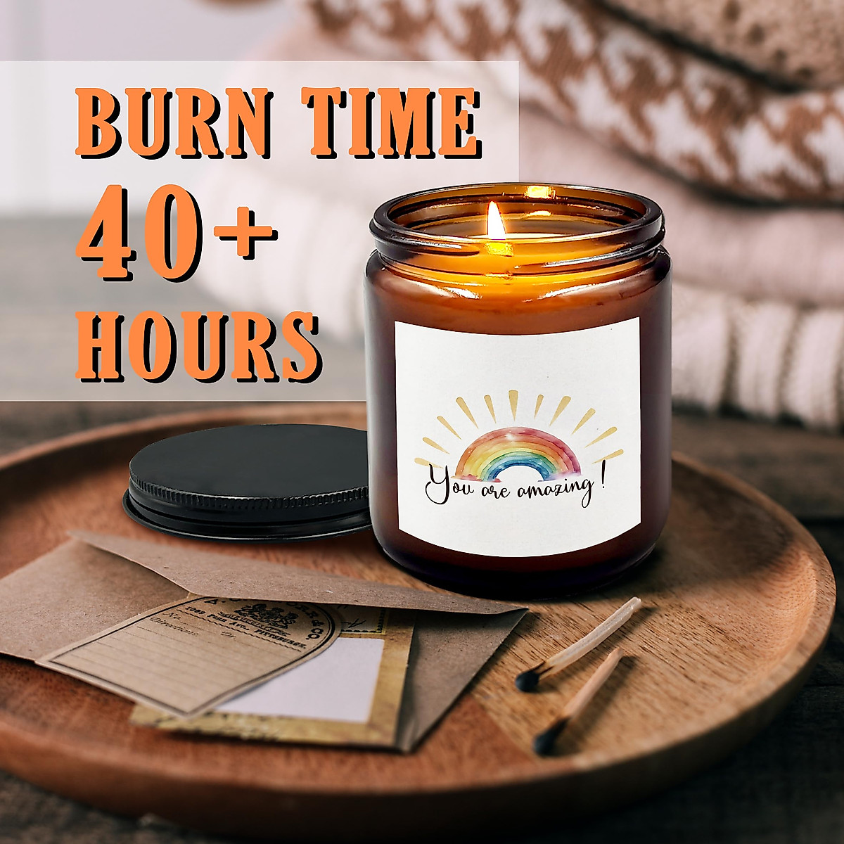 kdqua Boho You are Amazing Scented Candles, Inspirational Quote Positive Gifts Candle for Women Sister, Bohemian Sunshine Rainbow Soy Wax Amber Jar Candles for Home Girl Room Bathroom Decor