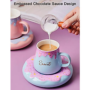 SISETOP Novelty Espresso Cups and Saucers, Ceramic Donut Mug, 9.5oz Creative Cute Cups, Unique Coffee Mug with Spoon for Gift, Kids, Adults, Birthday