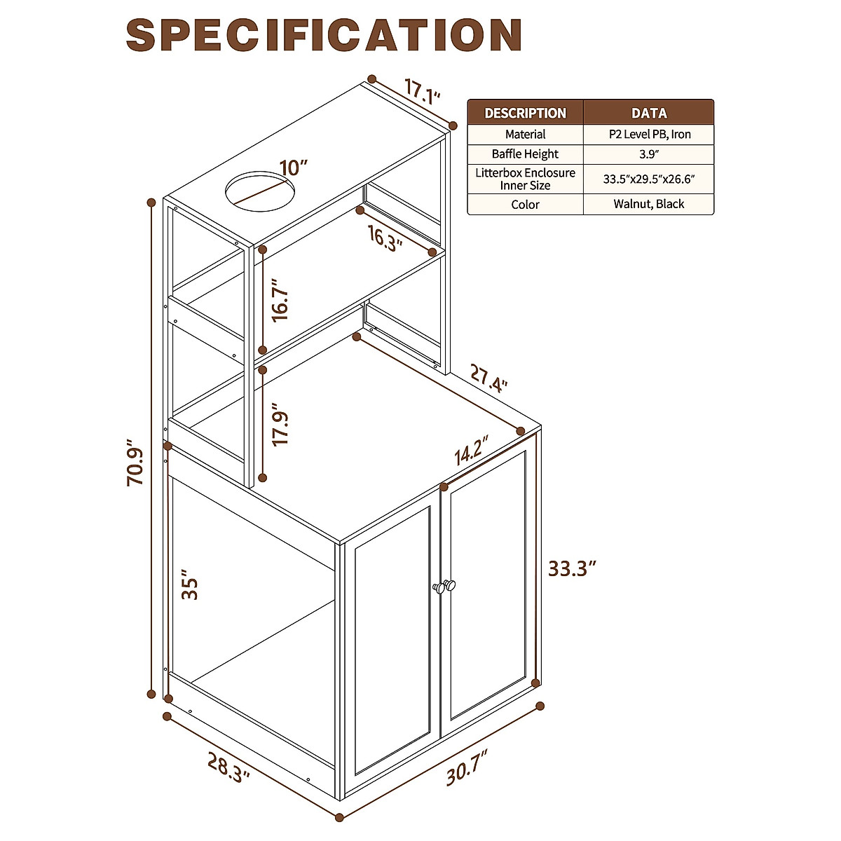 MOOLIVE Large Litter Box Enclosure Furniture for Self Cleaning Litter Box, Hidden Automatic Cat Litter Box Furniture with Shelves, Walnut