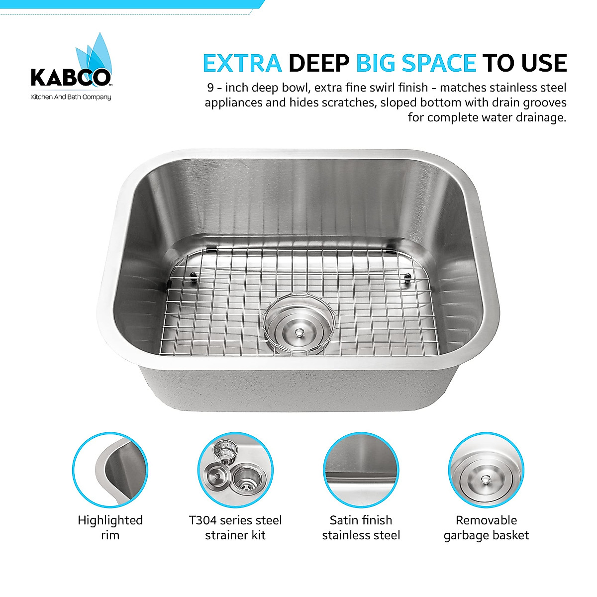KABCO 23 Inch Single Bowl Stainless Steel Classic Kitchen Bar Sink, Rust, Sound and Heatproof Swirl Finish Stainless Steel Deep Sink with Kitchen Sink Strainer, Bottom Sink Grid and a Rolling Up Grid