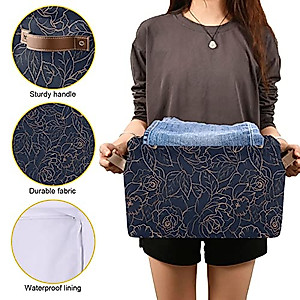 Gougeta Foldable Storage Basket with Handle, Floral Rose Peony Flower Navy Blue Rectangular Canvas Organizer Bins for Home Office Closet Clothes Toys 1 Pack