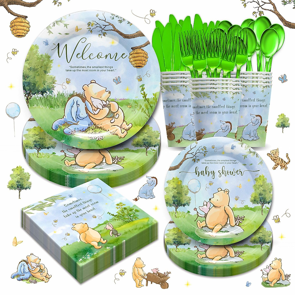 Piooluialy Winnie Baby Shower Pooh Decorations - Classic Winnie Baby Pooh Party Supplies Include Dinner Plates, Cups, Napkins, Cutlery, Winnie Welcome Baby Birthday Party Supplies | 24 Guests