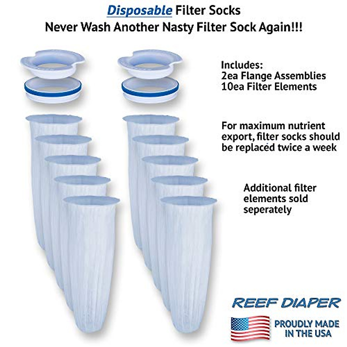 Reef Diaper Disposable Filter Socks, Replaces Standard 4" Felt Socks, Freshwater and Saltwater Compatible, Starter Kit Includes 2ea Flange Assemblies & 10ea Filter Elements
