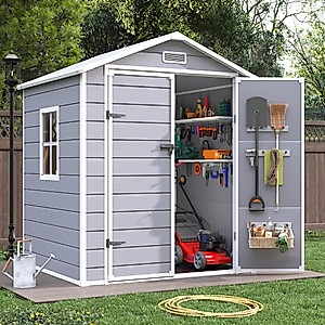 VONZOY Outdoor Resin Storage Shed, 6x4.5FT Plastic Storage Sheds with Floor, Lockable Door, Window, Waterproof Tool Sheds & Outdoor Storage Outside for Bike, Garbage Can,Garden, Grey White