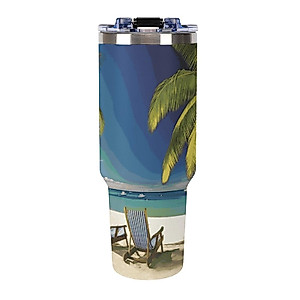 YTLKGFP 40 Oz Large Capacity Car Cup Beach Palm Tree Tumbler with Handle (Black) Straw Lid Insulated Stainless Steel Water Bottle Travel Mug Leak-proof Car Cup Keeps Cold Or Hot