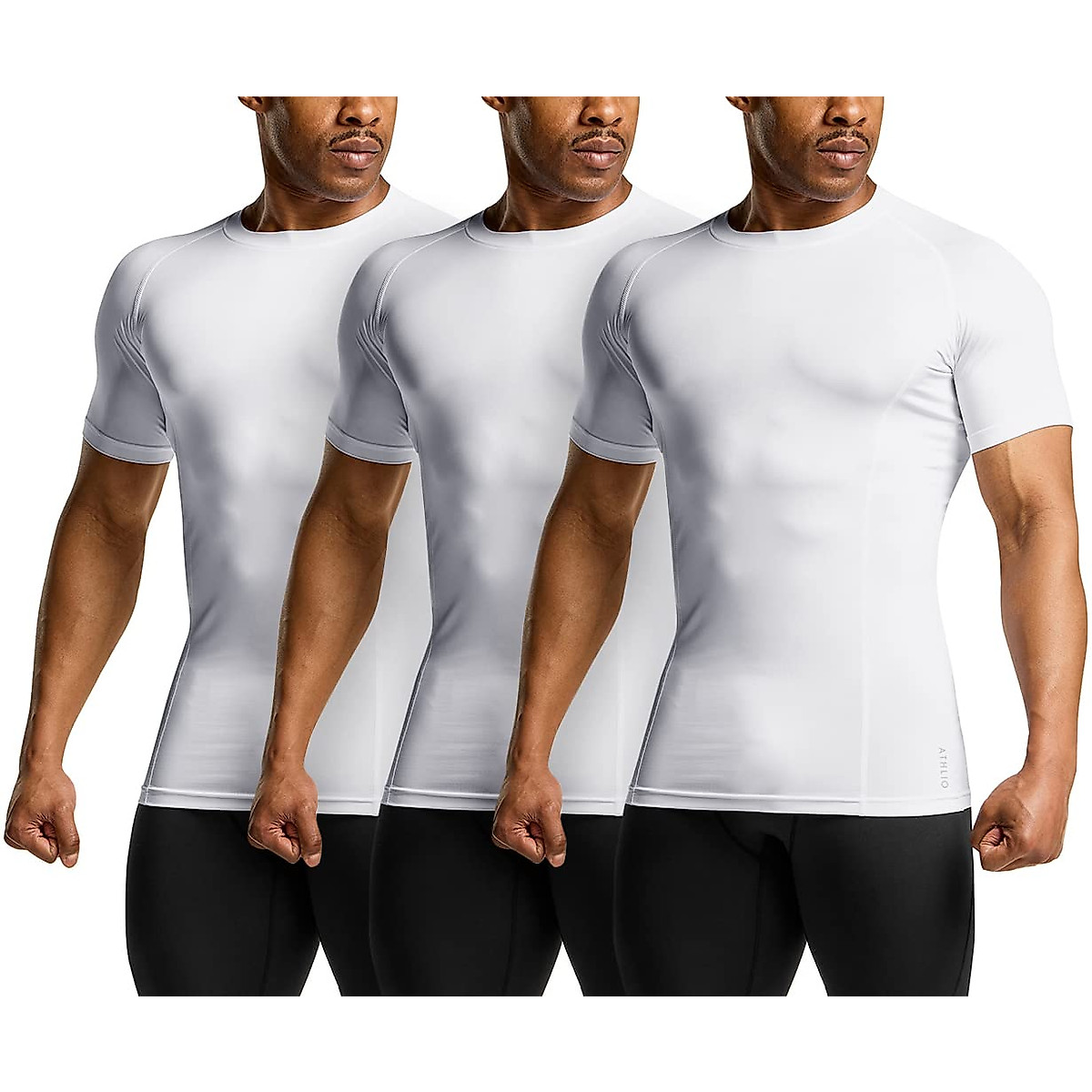 ATHLIO Men's Cool Dry Short Sleeve Compression Shirts, Sports Baselayer T-Shirts Tops, Athletic Workout Shirt, 3pack Tops White/White/White, Large