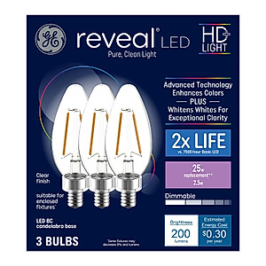 GE (3 Bulbs) 42465 Reveal LED 25-Watt Equivalent LED Chandelier Bulb, 200 lumens, 2.5 watts, Candelabra Base, Blunt tip, Color-Enhancing Dimmable Candle Light Bulb