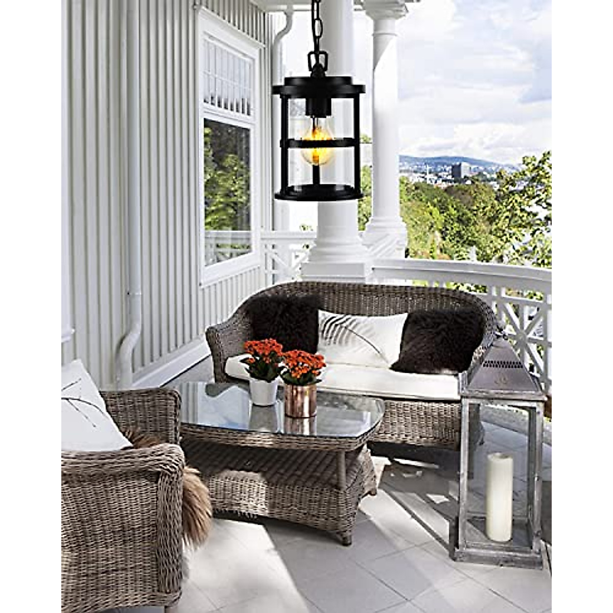 UFOND Outdoor Pendant Lantern for Porch, Pendant Light in Black Finish, 1-Pack Exterior Hanging Lantern with Clear Glass and Adjustable Chain,Gazebo Light Fixture for Patio Garage Entryway