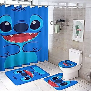 fmsnupz Cartoon Shower Curtain 4PCS Set, Cute Bathroom Decor with Non-Slip Rugs, Toilet Lid Cover and Bath Mat, Waterproof Fabric Shower Curtains with 12 Hooks, 70.8"x70.8"