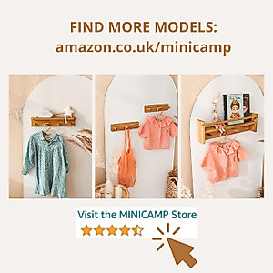 MINICAMP Coat Rack Shelf Wall Mounted - Solid Oak Coat Hooks for Door with 4 Pegs and Shelf - Wooden Peg Rail Kids Storage - Floating Handmade Baby Nursery Products - Scandi Decor