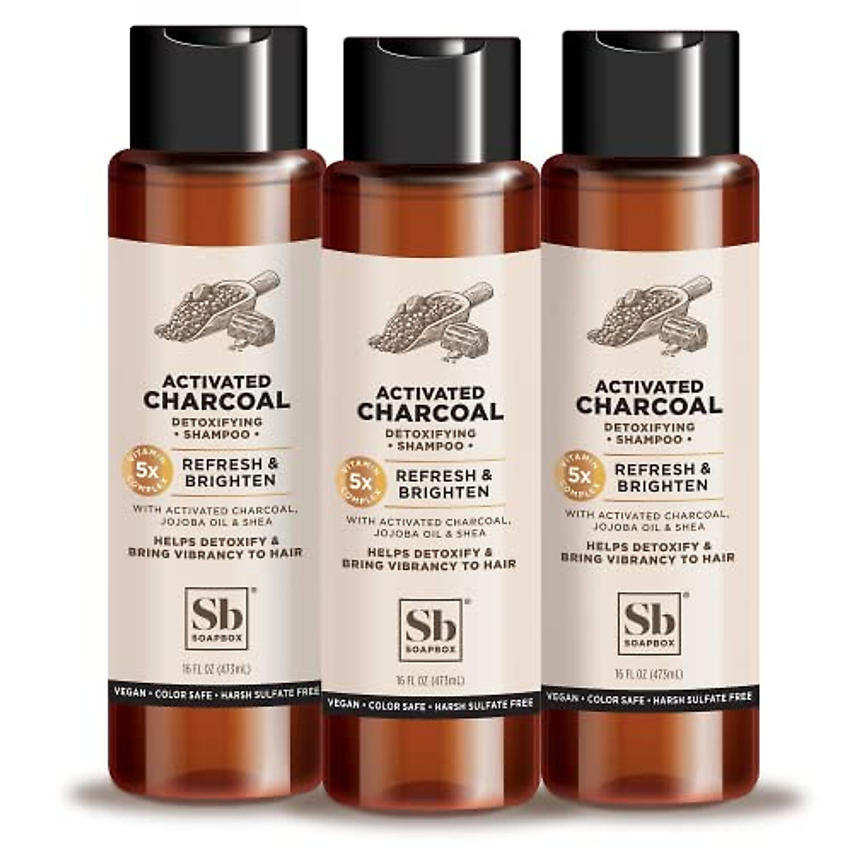 Soapbox Soap Shampoo, Vegan & Cruelty Free Hydrating Shampoo with Activated Charcoal, Color Safe, Paraben and Sulfate Free All Natural Hair Cleanser - Pack of 3,16 oz Bottles