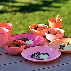 Youngever 54 pcs Plastic Kids Dinnerware Set of 9 in 9 Peach Colors, Toddler Dining Set, Cups, Kids Plates, Kids Bowls, Flatware Set, Kids Dishes Set