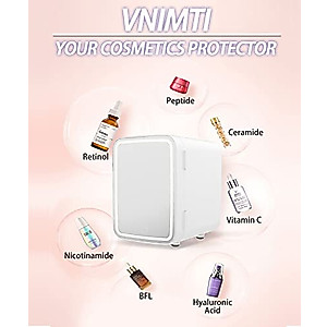 VNIMTI Mini Skincare Fridge 4 Liter/6 Cans, Portable Cosmetic Fridges with Makeup Mirror, Cooler & Warmer, AC & DC, Small Refrigerator for Bedroom, Car, Office, Outdoor (White - 4L)