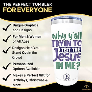 Biddlebee Best Friend Birthday Gifts Travel Coffee Mug w/ Slider Lid | 20oz Insulated Coffee Tumbler | Why Y'All Tryin to Test the Jesus in Me Cup | Funny Gifts for Women | Gifts for Mom