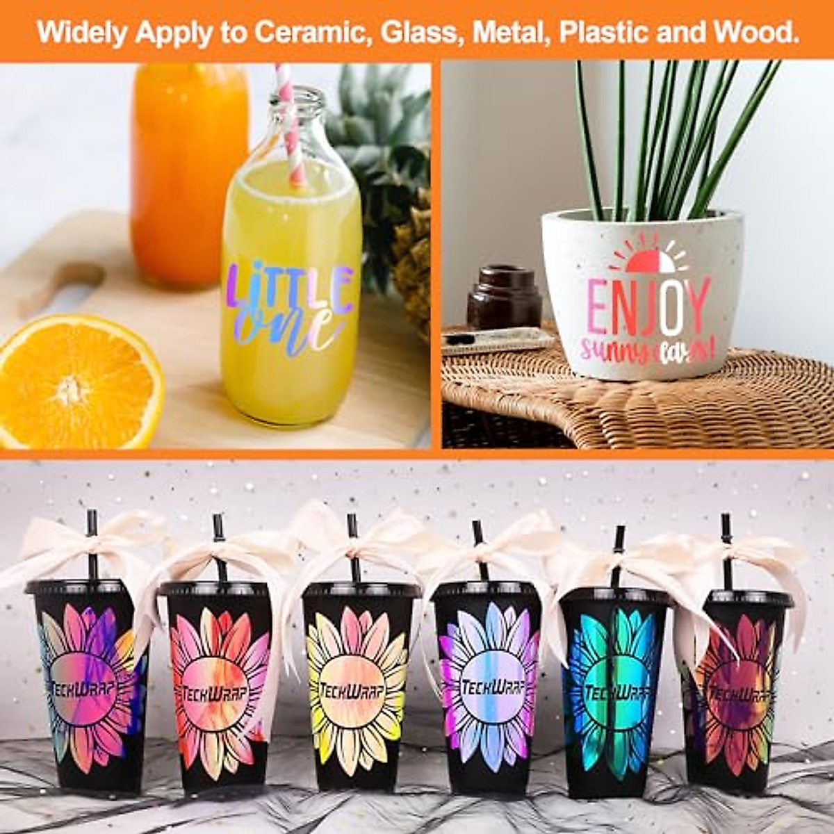 TECKWRAP Opal Chrome Holographic Adhesive Vinyl Bundle 12" x 60"/Rolls for DIY Craft, Arts (Opal White,Green Malachite,Peacock Blue,Beige Orange, Hyacinth Blue,Yellow Pink,Hot Pink)