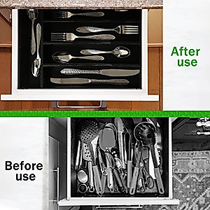 Greenual Black Silverware Organizer 10 In Utensil Organizer Silverware Tray for Drawer Cutlery Flatware Organizer for Kitchen Bamboo Wood