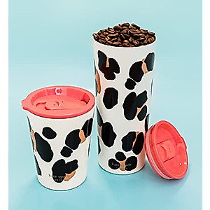 Kate Spade New York Small Insulated Coffee Cup with Lid, Leopard Print Double Walled Stainless Steel Mug, 12oz Coffee Tumbler, Forest Feline