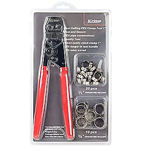 iCrimp PEX Pipe Clamp Cinch Tool Crimping Tool Crimper for Stainless Steel Clamps from 3/8-inch to 1-inch with 1/2-inch 20PCS and 3/4-inch 10PCS SS PEX Clamps