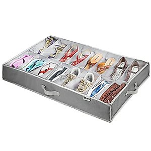 Under Bed Shoe Storage Organizer - TEAR-RESISTANT Heavy Duty 600D Material - Shoe Organizer Under Bed - Fits Men's and Women's Shoes, High Heels, and Sneakers - Up to 16 Pairs - Extra-Strong Zipper - Grey - Perfect for College Dorms