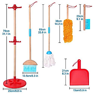 AOKESI Wooden Detachable Kids Cleaning Toy Set - Broom, Mop, Duster, Dustpan, Brush, Rag and Hanging Stand Play, Multicolor Housekeeping Kit, STEM Really Clean Toys Gift for Girls & Boys