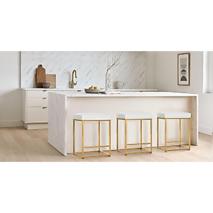 Erste!Bravo White Gold Counter Height Stools Set of 2 Bar Stools for Kitchen Counter 24 Inch Backless Modern Chic Barstools Upholstered Faux Leather Cream Stools Farmhouse Island Chairs, White Gold