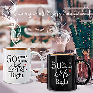 FALJIOK 50 Year Anniversary Coffee Mugs Set of 2, 50 Years of Being Mr Right &amp; Mrs Always Right Mug 11oz, 50th Wedding Anniversary Mug Gifts for Couple Parents Grandparents