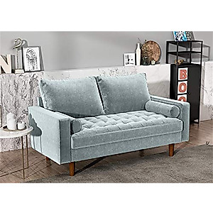 Container Furniture Direct Womble 58 Inch Velvet Loveseat Sofa with Elegant Button Tufted Upholstery, Square Arms, Splayed Wood Legs, Includes Matching Bolster Pillows, Steel Blue