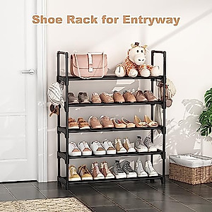 VTRIN Shoe Rack 5 Tier 20-25 Pairs Shoe Rack for Entryway Sturdy Shoe Organizer Storage for Closet Bedroom Dorm Heavy Duty Black Metal Shoe Shelf with Hooks