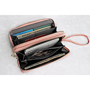 Classic Leatherette Zip Around Wallet - Vegan Leather Zipper Clutch Purse Coin Card Slots, Removable Wristlet (Double Zip Wristlet - Textured Light Brown)