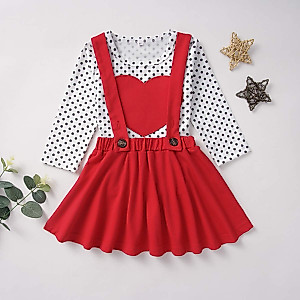 YOUNGER TREE Toddler Baby Girl Valentine's Day Outfit Long Sleeve Dot Heart Shirt Top+Suspender Strap Red Skirts Set(6M-5T) (Red, 3-4 y)