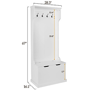 Karl home Hall Tree with Storage Bench, 3-in-1 Freestanding Coat Rack Clothes Stand with 4 Hooks Wooden Flip Cover Seat Space Saving for Bedroom Hallway Livingroom 67" H Simple White