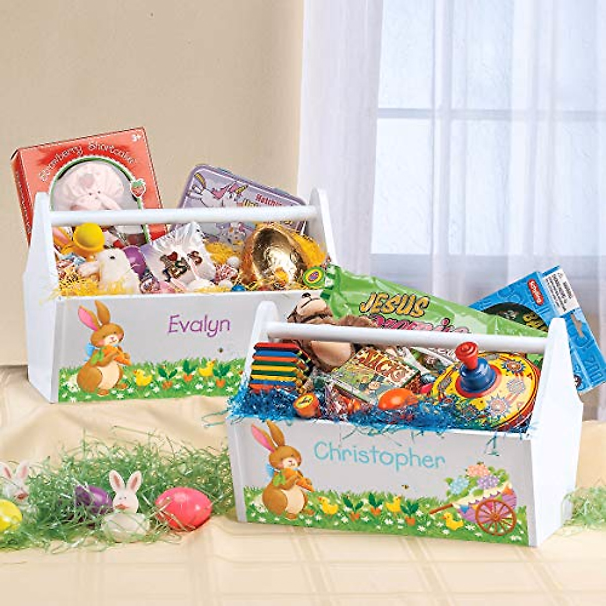 Fox Valley Traders Personalized Kids Easter Toy Caddy, Customized Children’s Wooden Storage Tote with Purple Font, 13” Wide x 9” High