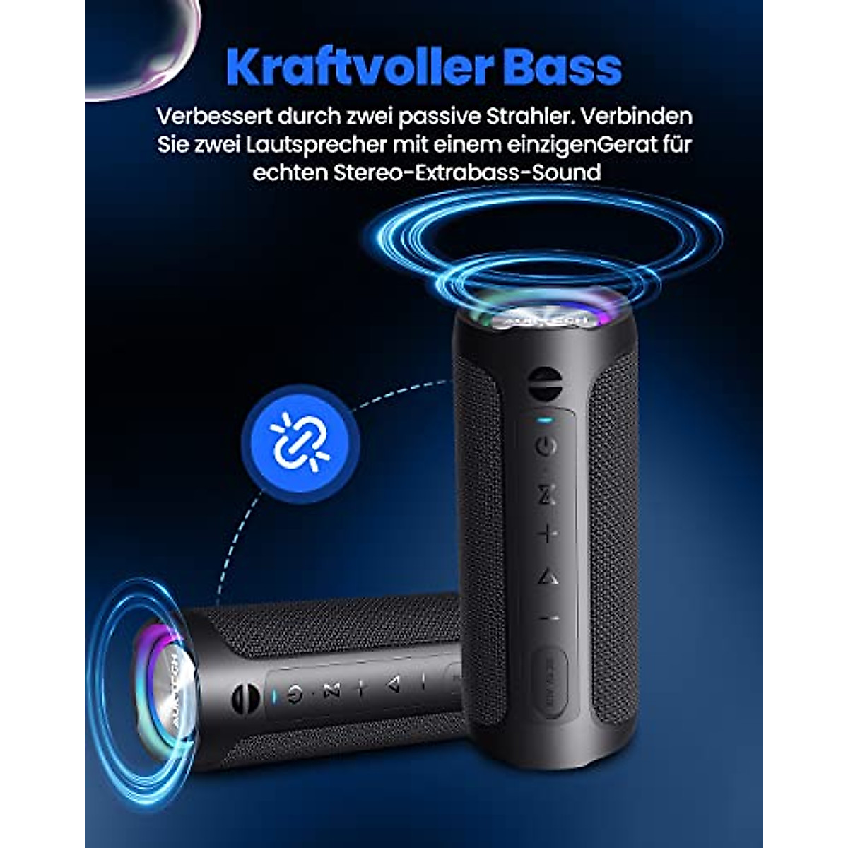 AUKTECH Bluetooth Speakers - Portable Speakers Bluetooth Wireless(100ft), 24W Loud Stereo Sound, Led Lights, 20H Playtime, IPX7 Waterproof Speaker for Outdoor, Home, Party, Beach, Shower