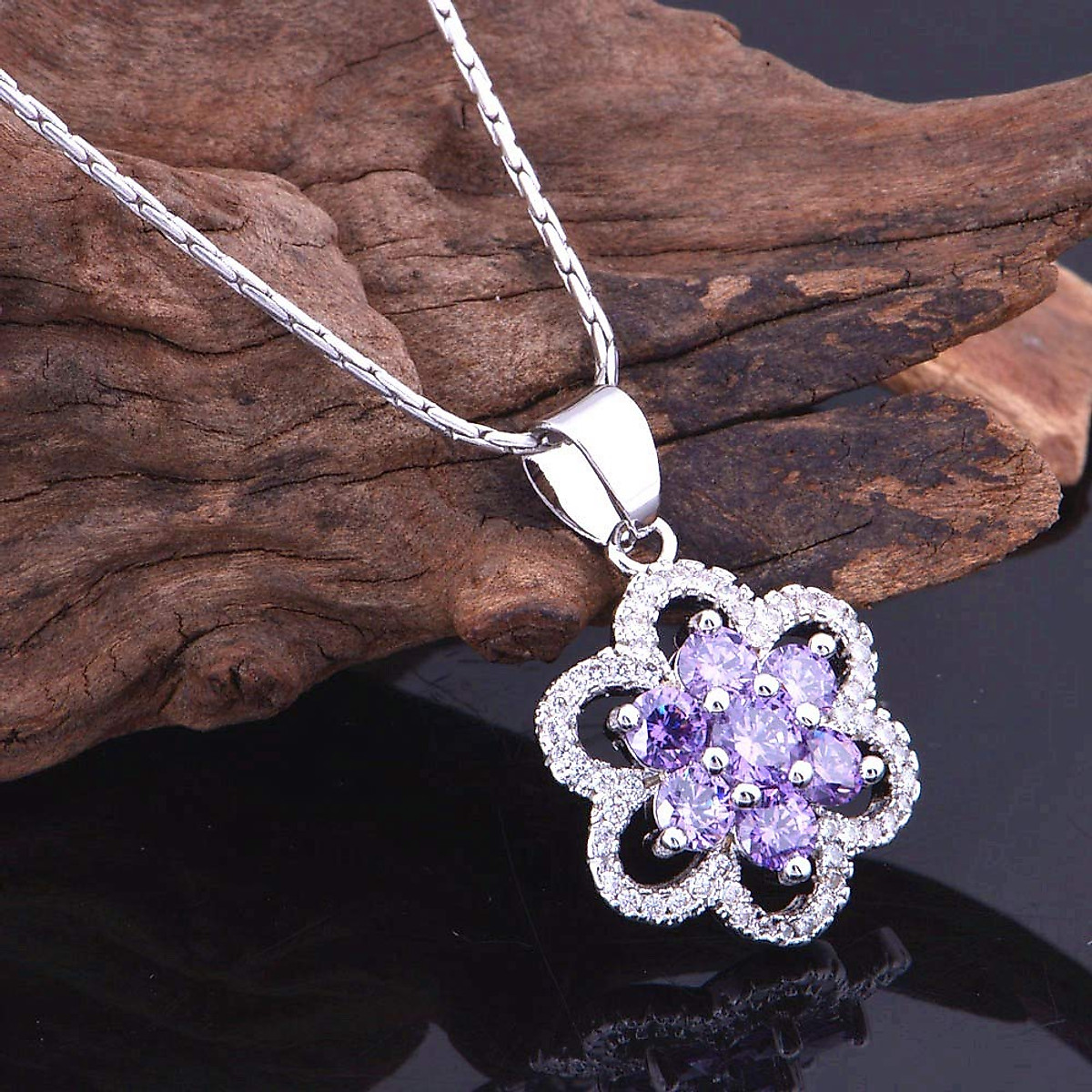 Uloveido Purple Cubic Zirconia Flower Earrings Necklace Ring Set for Women CZ Bridal Jewelry Sets for Bridesmaids T489 (Purple, Size 6)