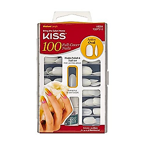 KISS 100 Full Cover Fake Nails Manicure Kit, 10 Sizes, 5 Manicures, Medium Length, Active Oval, 100 Nails