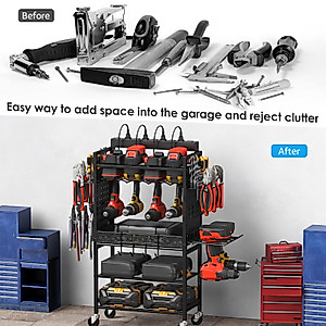 CCCEI Power Tool Organizer Cart with Charging Station, Garage Floor Rolling Storage Cart on Wheels for Mechanic, Mobile 6 Drill, Tool Box Utility Cart with Battery Charging Power Strip, Black