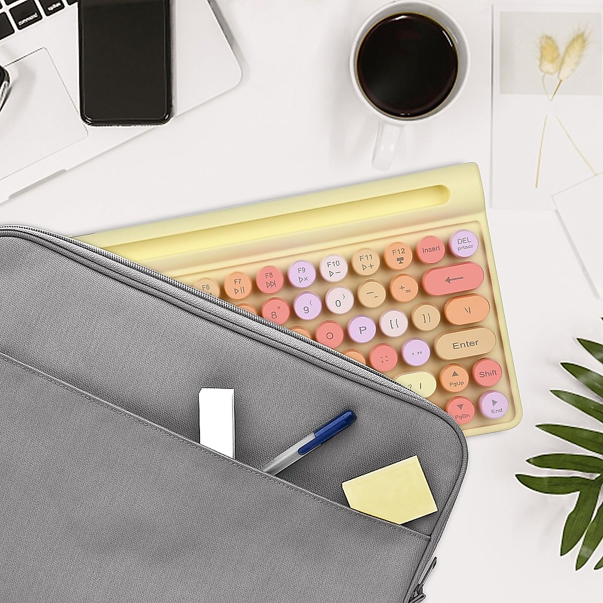Apuode Wireless Keyboard and Mouse Combo, Bluetooth 5.0/3.0/2.4GHz, with Tablet Holder, Quiet Mute Button, Cute Retro Round Keycaps, Replaceable Battery, for PC, Mac, Laptop, Tablet