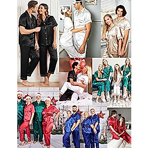 SWOMOG Women Satin Pjs Short Sleeve Silk Two-Piece- Sleepwear Classic Button-Down Casual Loose Pajama Set for Women White
