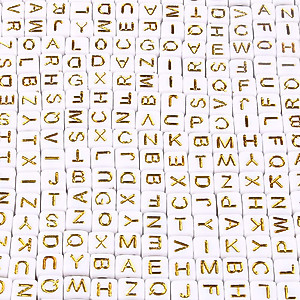 Acrylic Letter Beads Alphabet Gold Letters White Cube Bead, 6×6mm 1200pcs, for Friendship Bracelets and Gifts Souvenir Jewelry Making