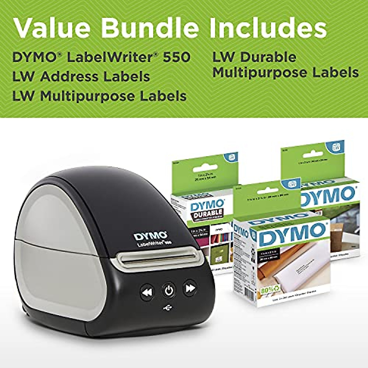 DYMO LabelWriter 550 Label Printer Bundle, Label Maker with Direct Thermal Printing, Automatic Label Recognition, Includes 1 Roll Each: Address Labels, Multipurpose Labels, Durable Multipurpose Labels
