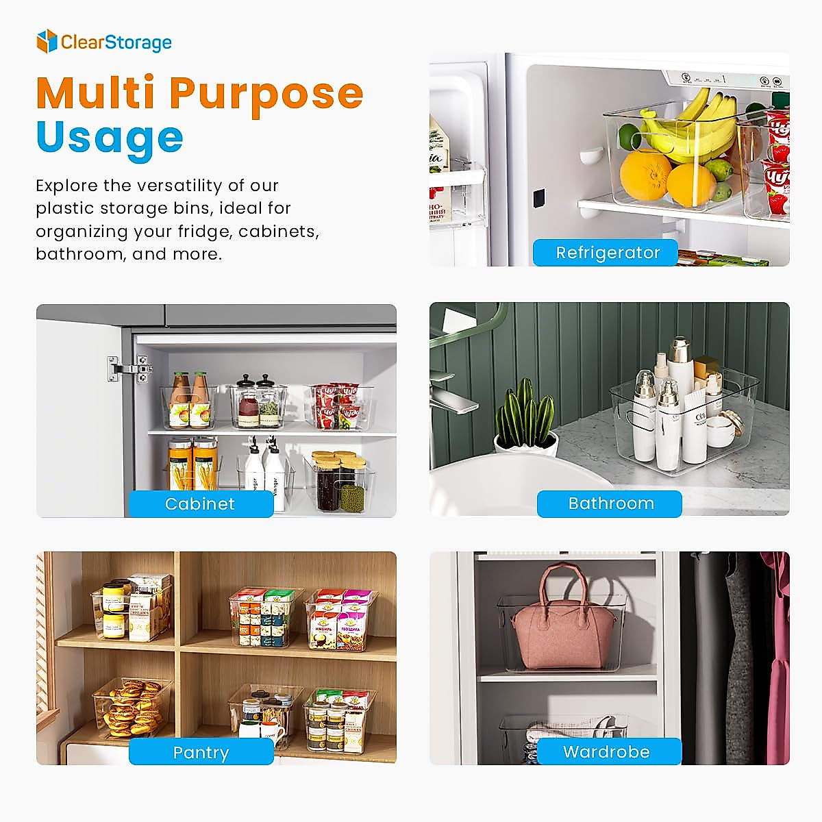 ClearStorage Clear Plastic Storage Bins, 6 Pack Pantry Organizers and Storage with Handle, Pantry Storage for Fridge, Freezer, Kitchen Cabinet, Pantry Organization and Storage, BPA Free (11x8x6)