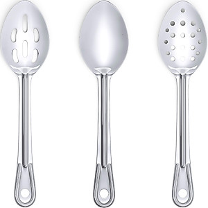 Super Strong, Ergonomic 11 in Serving Spoon 3 Pk. Big, Stainless Steel Spoons for Cooking, Baking, Stirring and Basting. Best Kitchen Flatware for Buffet and Banquet Service in Restaurants and at Home