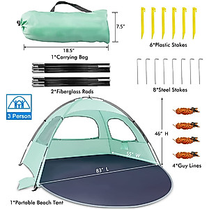 NXONE Beach Tent Sun Shade Shelter for 2-3 Person with UV Protection, Extended Floor, 3 Mesh Roll Up Windows & 8.0mm Fiberglass Rods丨Carry Bag Included (Mint Green)