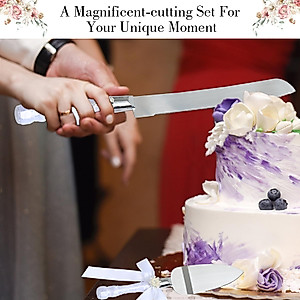 SANDOO Rustic Wedding Cake Knife and Server Set with Pearl Bowknot Decor - Cake Cutting Set for Wedding,Wedding Knife Set for Bride And Groom, Knife and Cake Server Set Cake Cutter for Wedding