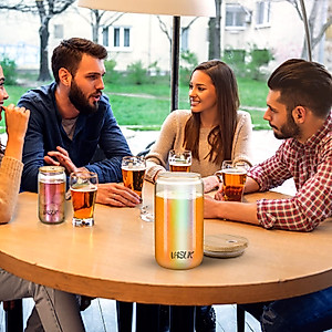 VASUK Iridescent Drinking Glasses with Bamboo Lids and Straw 2pcs Set - 16oz Beer Glasses with Lid and Straw, Can Shaped Drinking Glass, Iced Coffee Glasses, Tumbler Cup - 2 Lids and 2 Straws