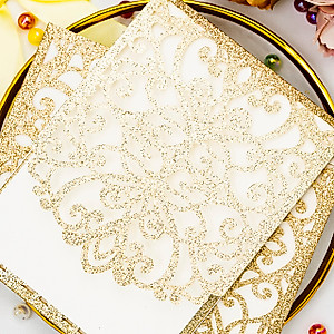 Builcker 20PCS Set Laser Cutting Gold Glitter Invitation Card Greeting Card Graduation Party Wedding Birthday Party Hollow Invitations Flip Invitation Pocket With Envelope (Gold Glitter)