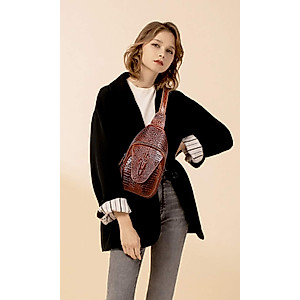 PIJUSHI Genuine Leather Sling Bag Backpack For Men Women Casual Crossbody Shoulder Chest Daypack（8802B Brown ）