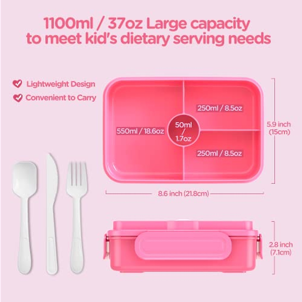 Jelife Kids Lunch Bento Box, Large Bento-Style Leakproof Lunch Boxes 4 Compartments Girls Snack Lunch Containers with Tableware for Back to School, Reusable On-the-Go Meal and Snack Packing, Pink