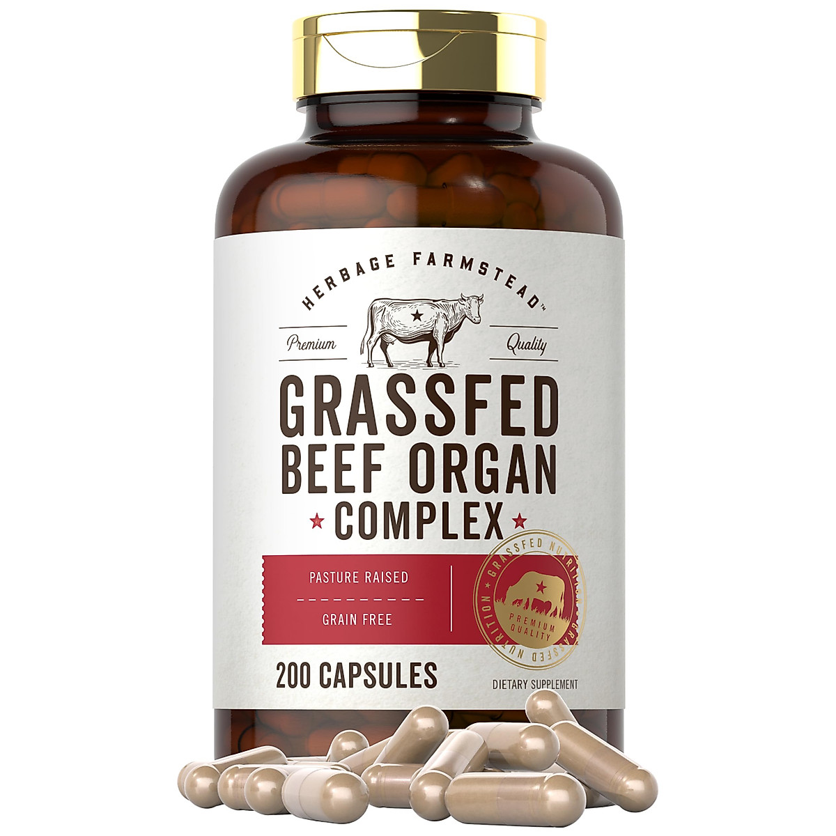 Carlyle Grass Fed Beef Organ Complex | 200 Capsules | Pasture Raised, Grain Free Supplement | with Desiccated Liver, Kidney, Pancreas, Heart, Spleen | Non-GMO, Gluten Free | by Herbage Farmstead